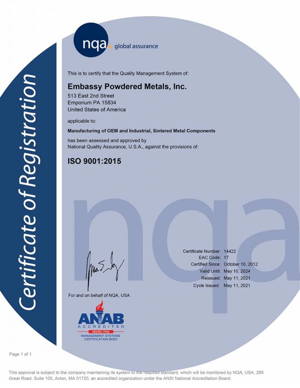 ISO 9001:2015 - Embassy Powdered Metals, Inc.